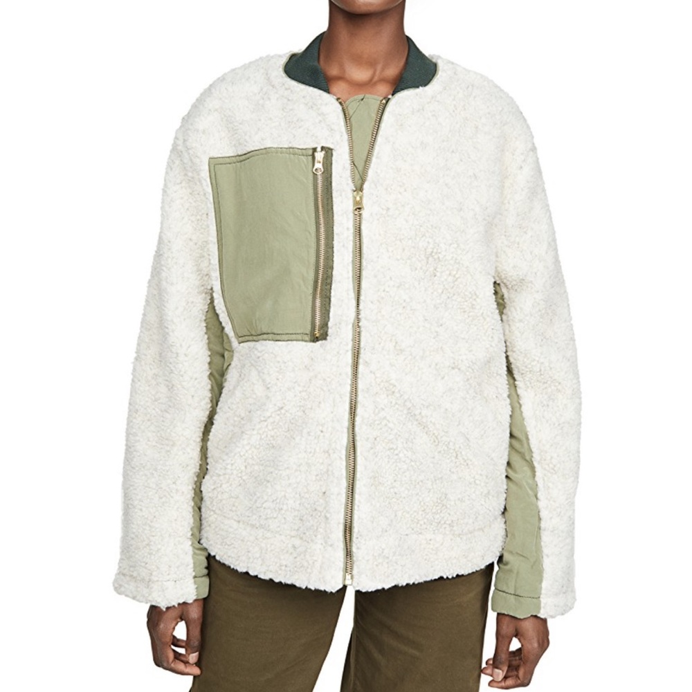 Free People Olive Green And Ivory Sherpa Jacket - Gem